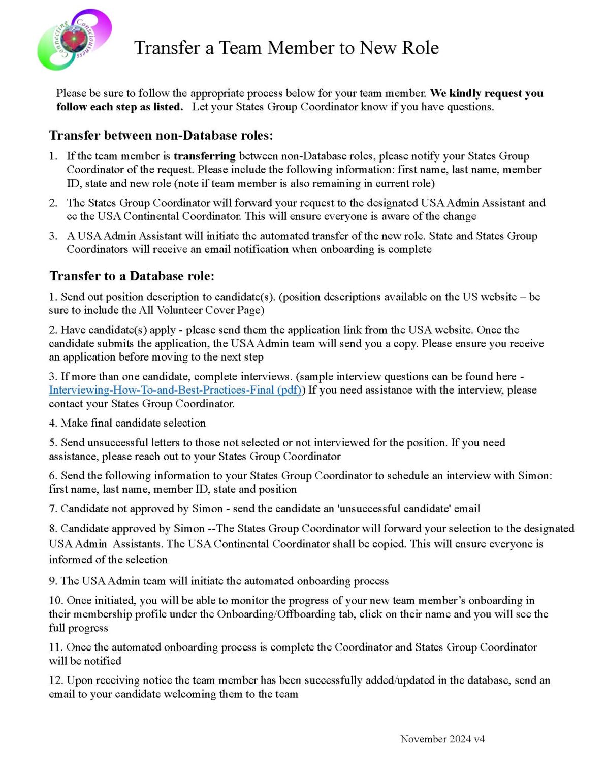 Transfer Team Member to New Role – Connecting Consciousness USA